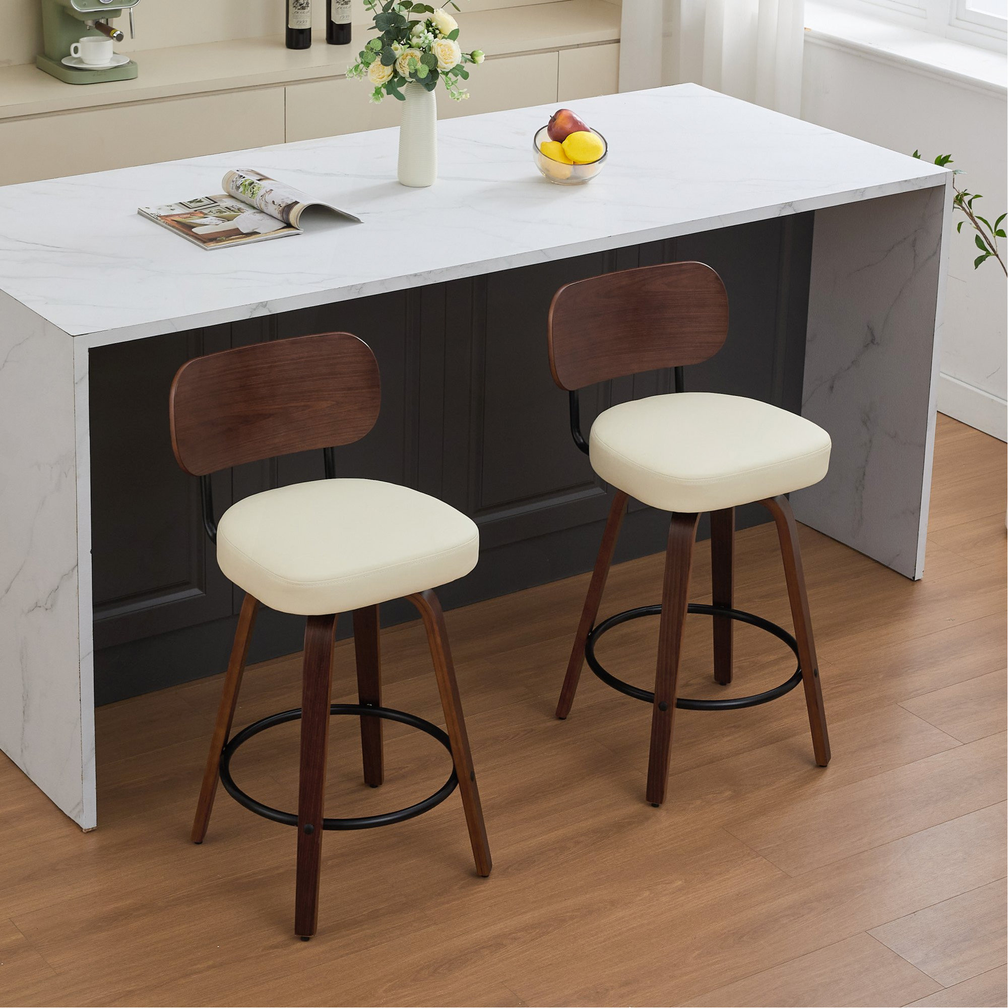Everly Quinn Swivel Bar Stools Set Of 2, 26" Upholstered Faux Leather ...